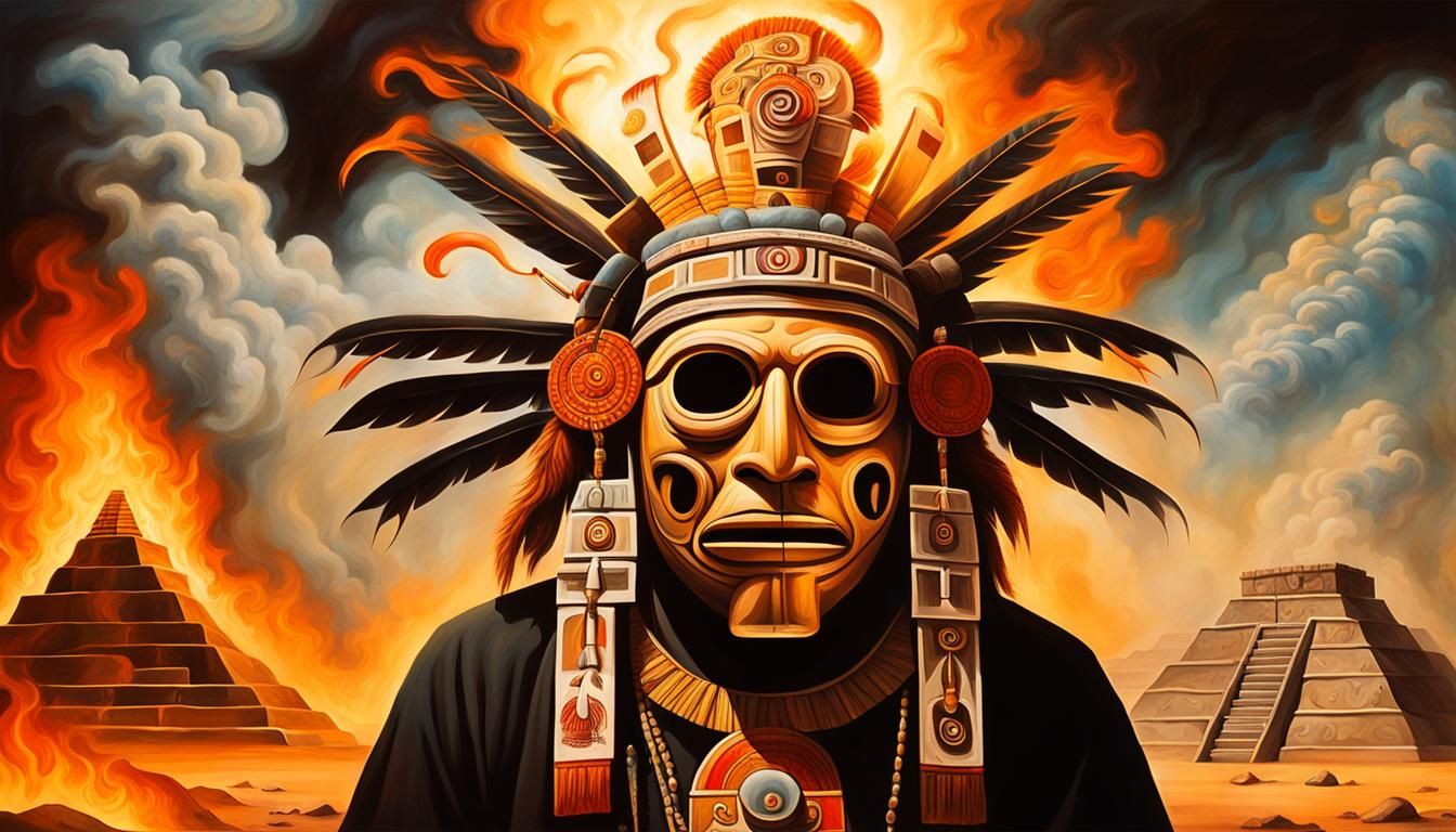 An Aztec priest wears a Xiuhtecuhtli mask , surrounded by smoke and ...