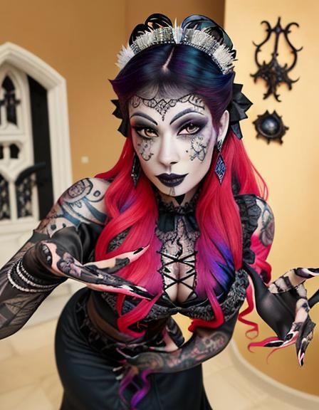 Latina pinup, A gothic boldly adorned woman with a large, intricate gothic lace that covers her ...