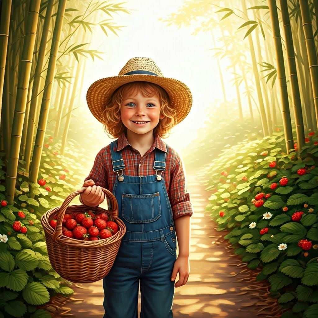 Whimsical Boy in Straw Hat Strolls Through Lush Ba... - AI Art