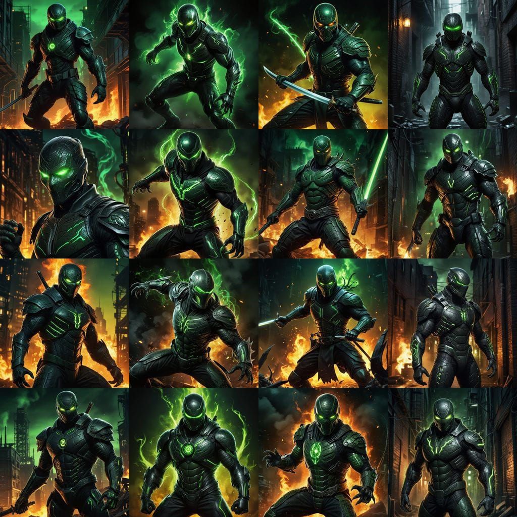 Cyber Ninja Assassin Reptile in Toxic Green Fire - AI Art