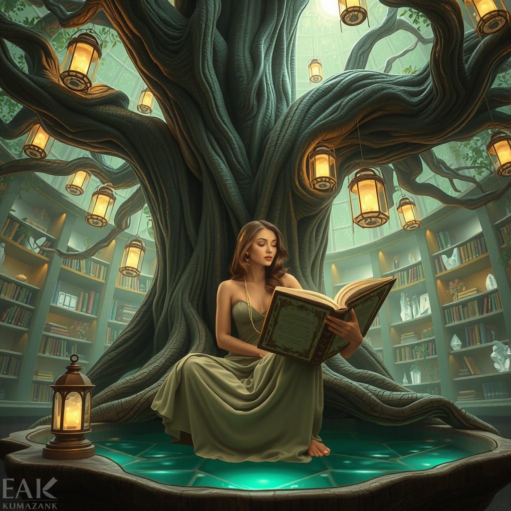 Solarpunk Library in Ancient Tree with Woven Branc... - AI Art