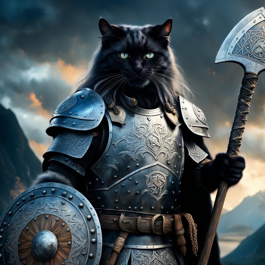 A long-haired black cat wearing a viking armor and holding a shield and ...