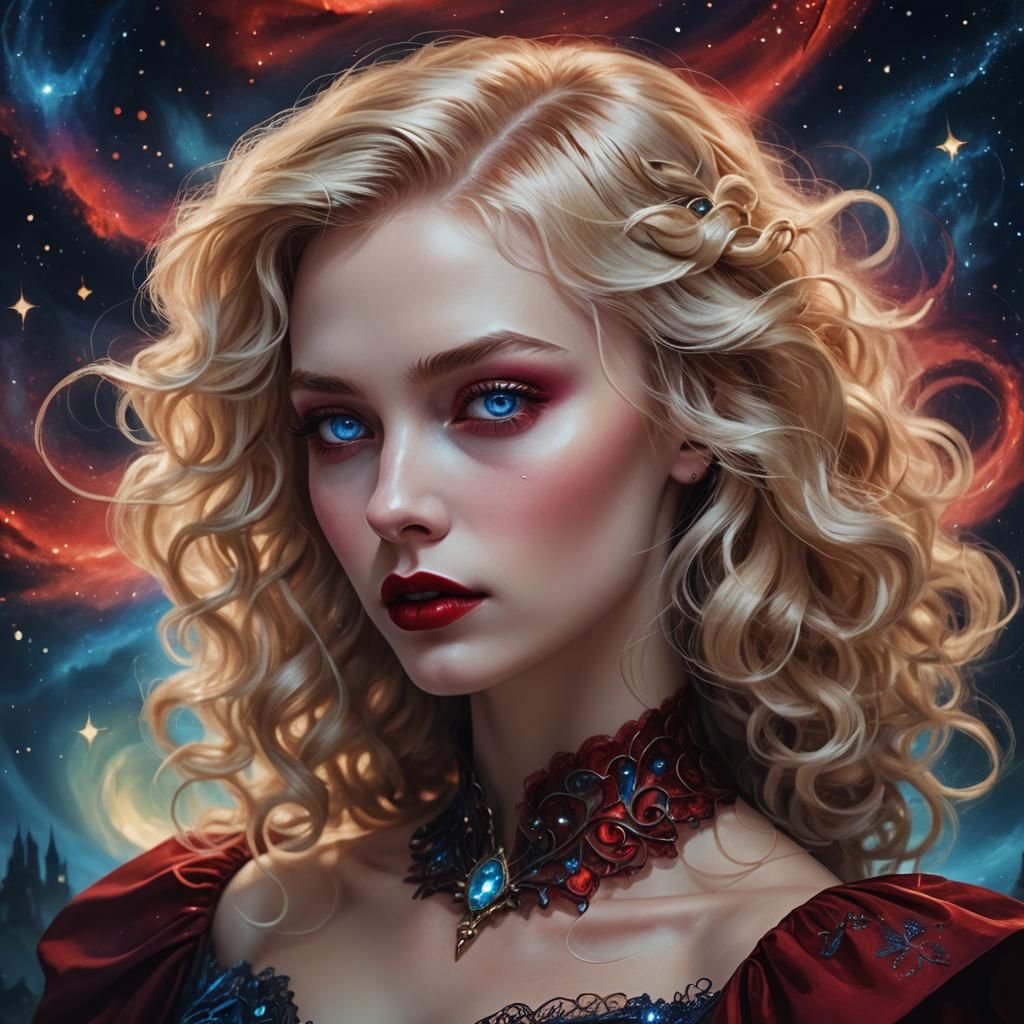 Russian vampire blonde girl, blue eyes, high hairstyle, curled hair ...