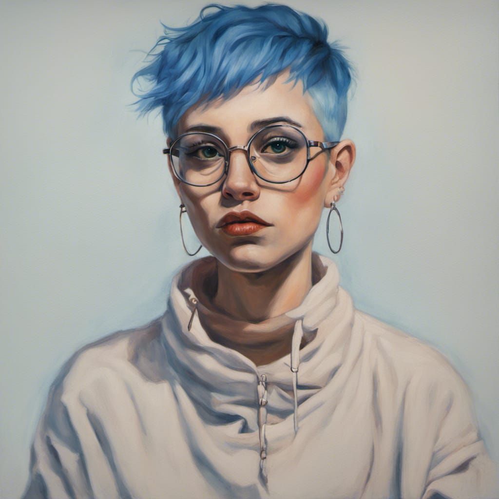 Painting of a lesbian with short blue hair and glasses and a septum ...