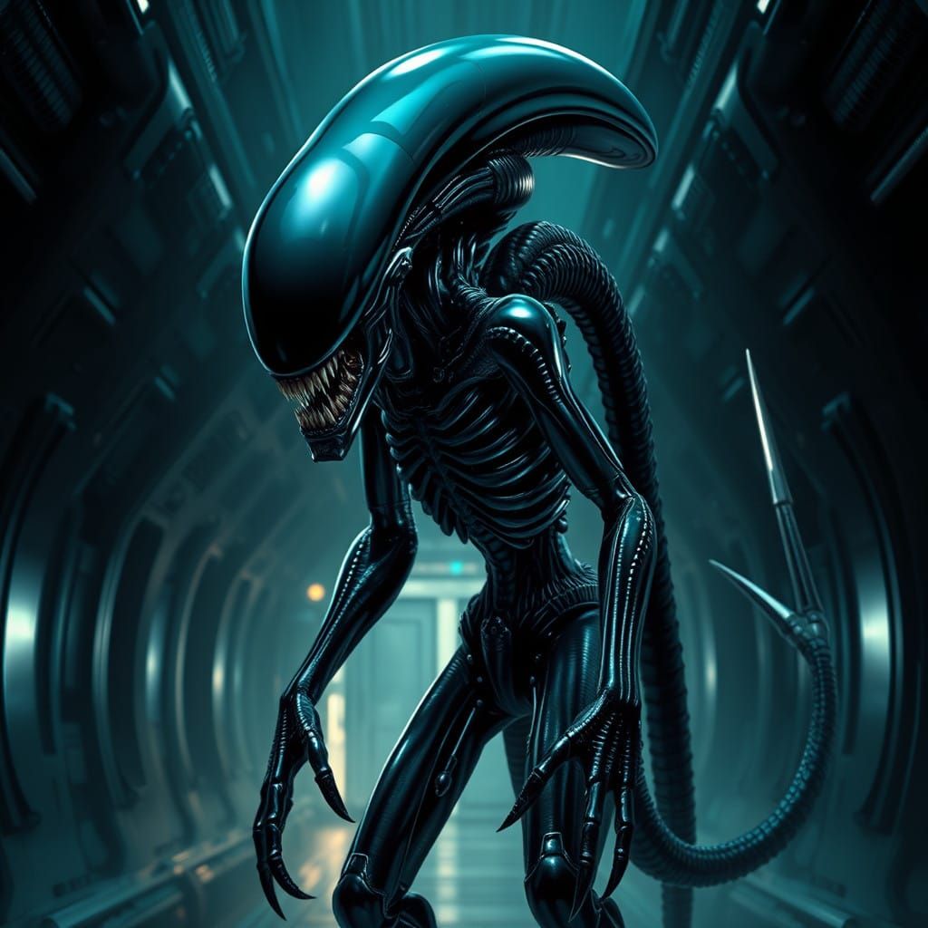 Surreal Industrial Scene of Alien Xenomorph in Dar... - AI Art