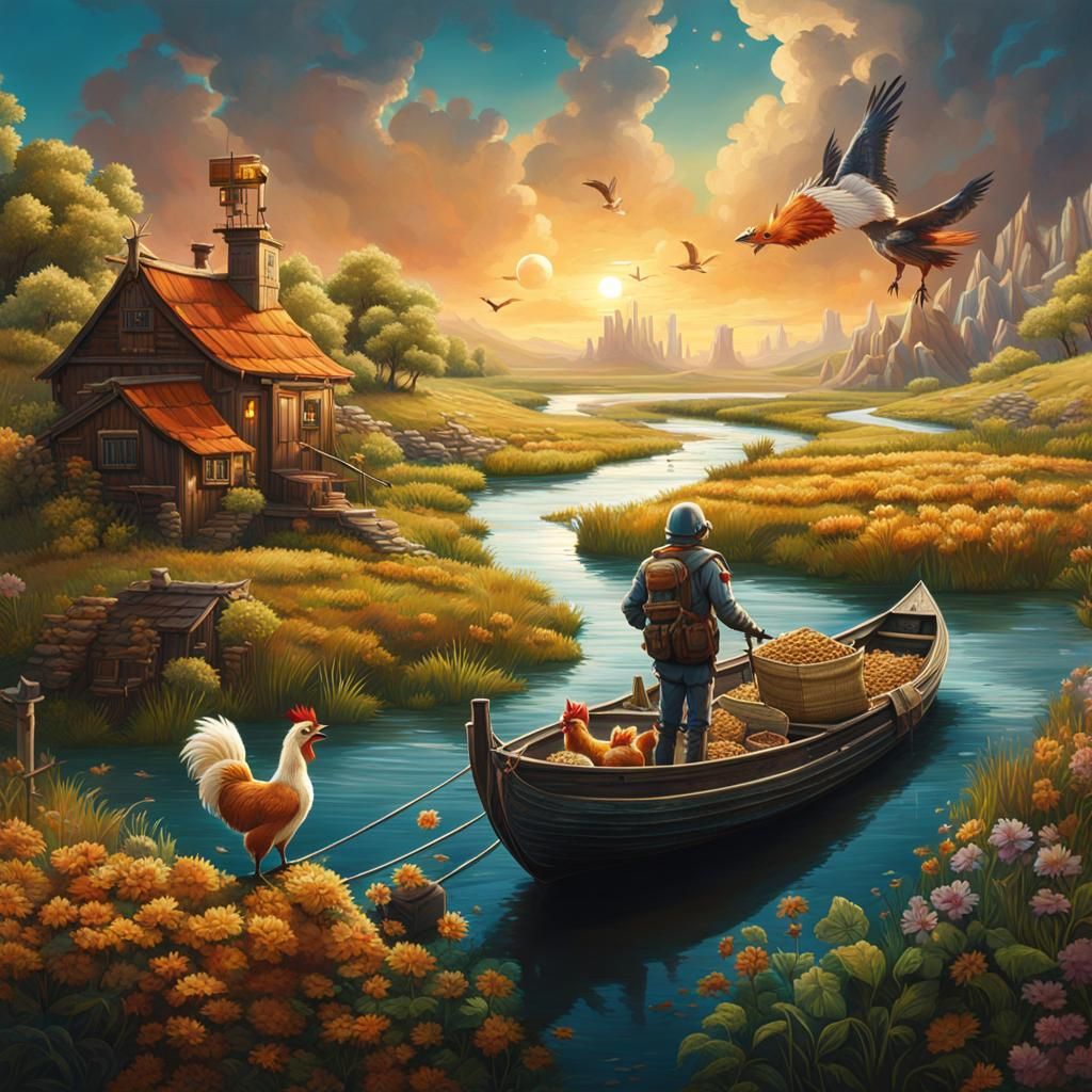 Illustration of classic_river-crossing_puzzle; boat with a chicken; a ...