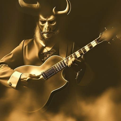 devil/ghost with horns playing slide guitar. sepia tone vapor flame ...