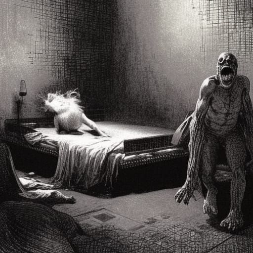 A creepy monster crawling on the floor near a bed. There's a young teen ...