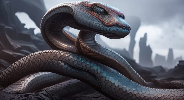 nano tech style, giant snake, scales, curled body sinister, intricate ...