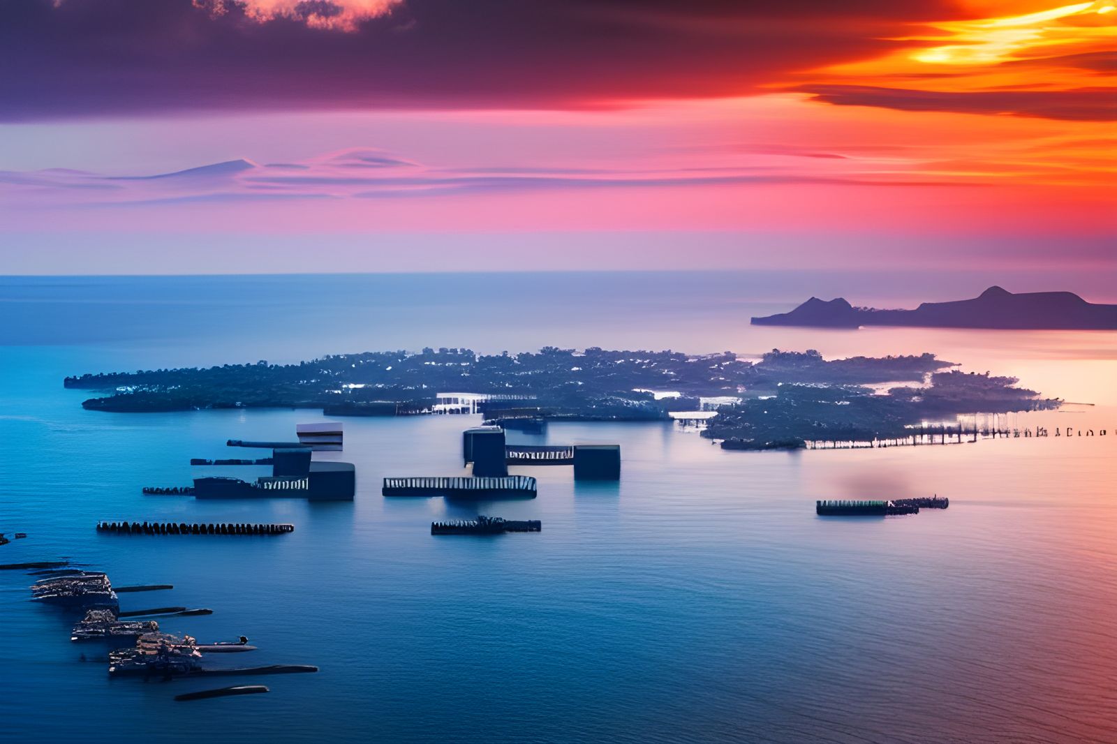 an aerial view of an island city in the middle of the ocean, sunset ...