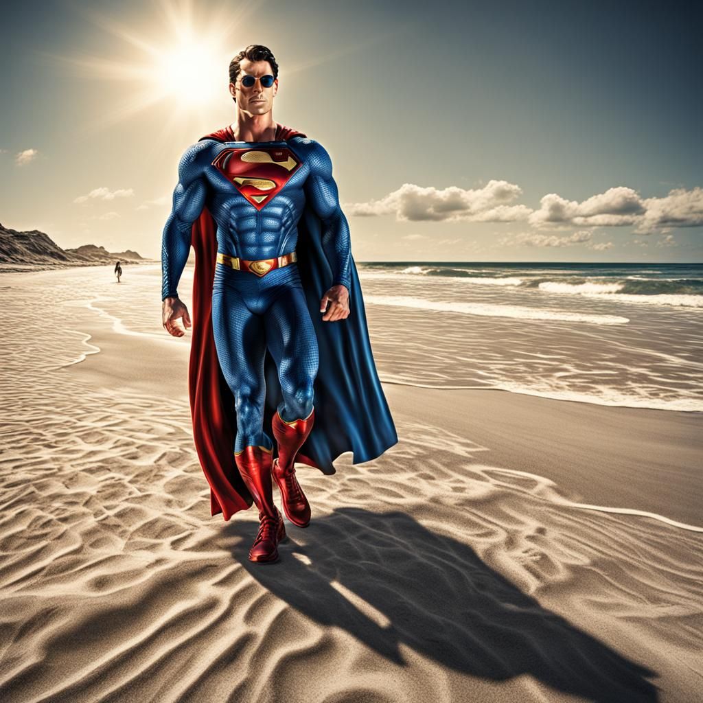 Superman walking on a beautiful beach wearing sunglasses, sun, sand ...