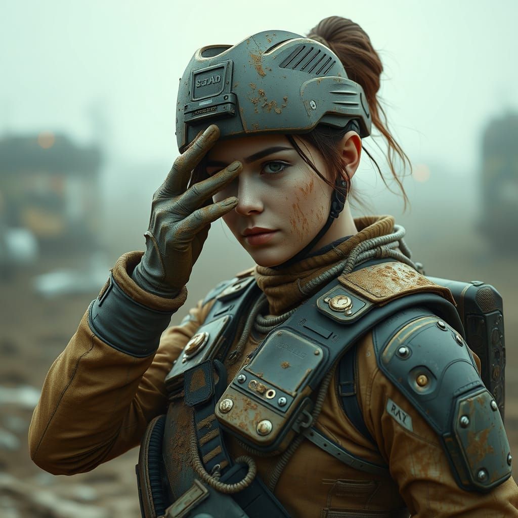 Dystopian Soldier in Bleak Cyberpunk Landscape - AI Art