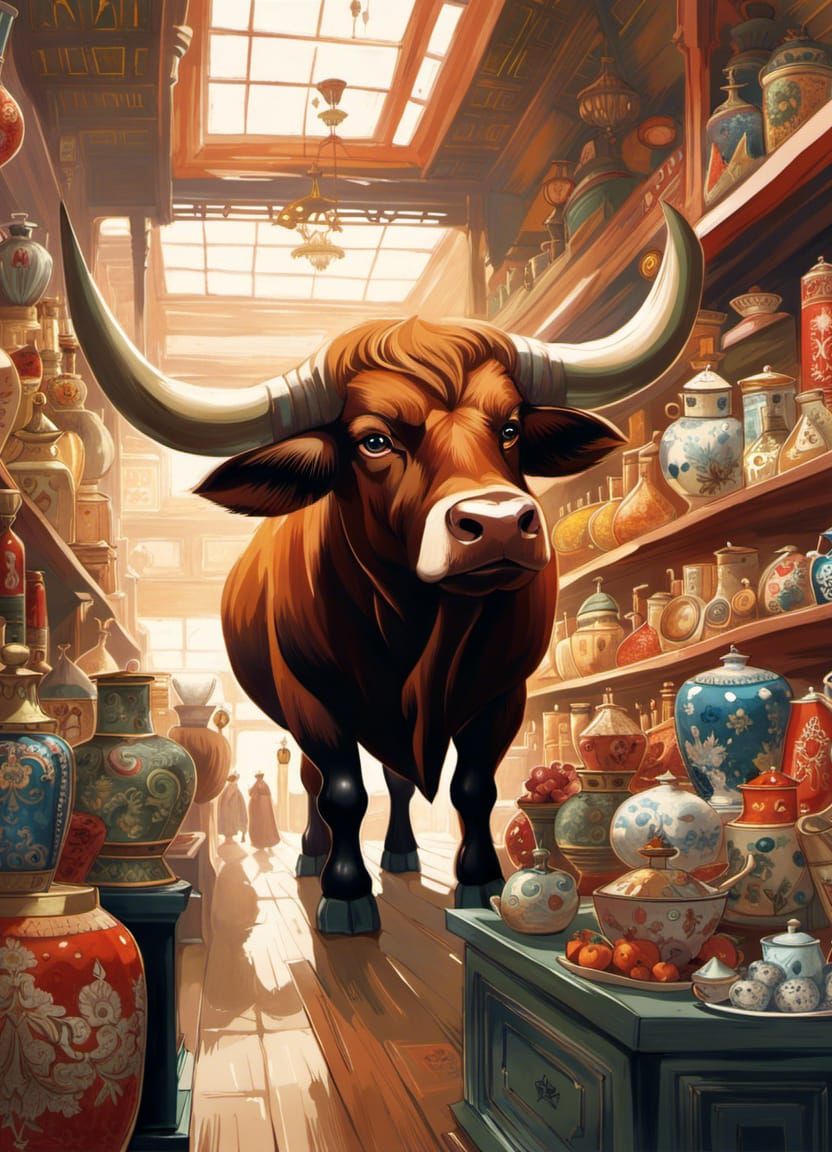 Bull in a china shop - AI Generated Artwork - NightCafe Creator