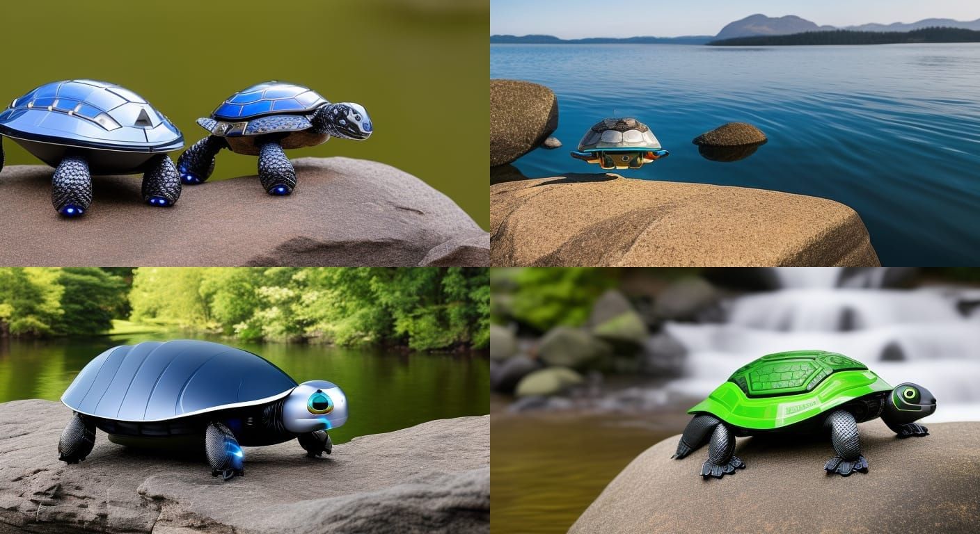 a robotic turtle gliding through the water or basking on a rock ...
