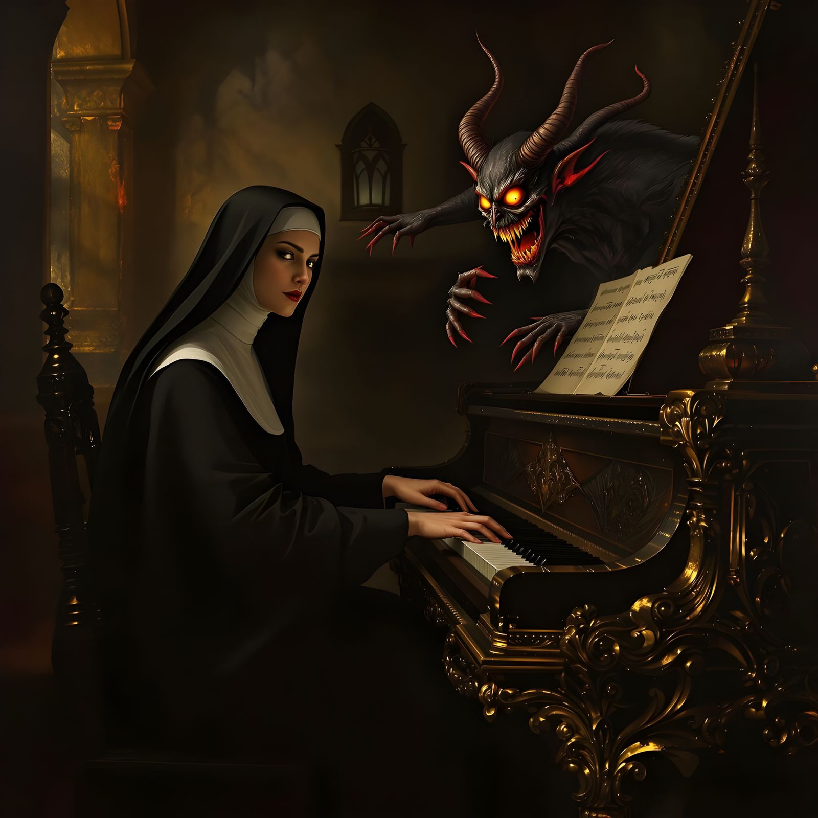 "Nun and The Devil" Spanish Renaissance style painting of a nun playing ...