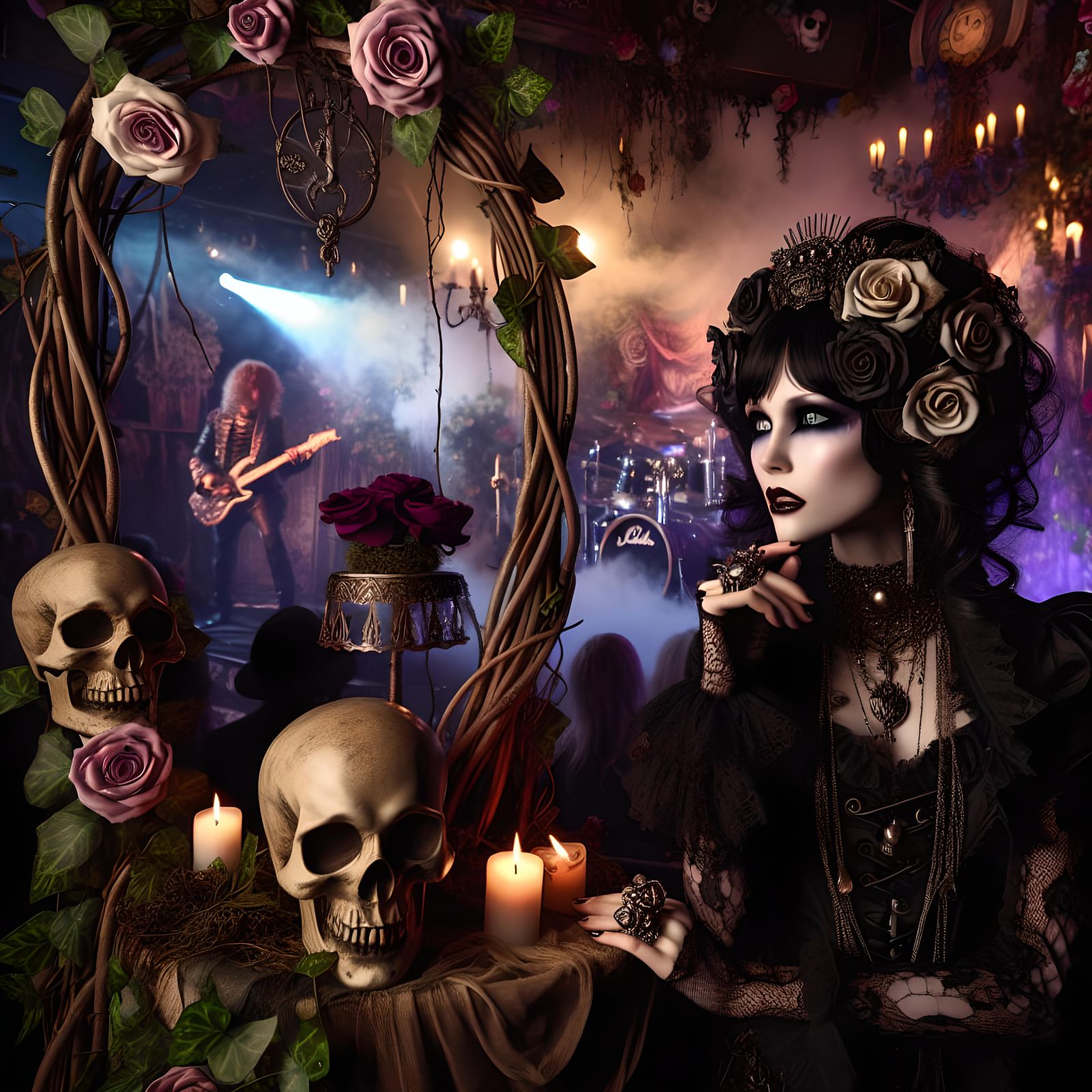 Woman, gothic, Emilie Autumn, roses, skulls, ivy, watching a live rock ...