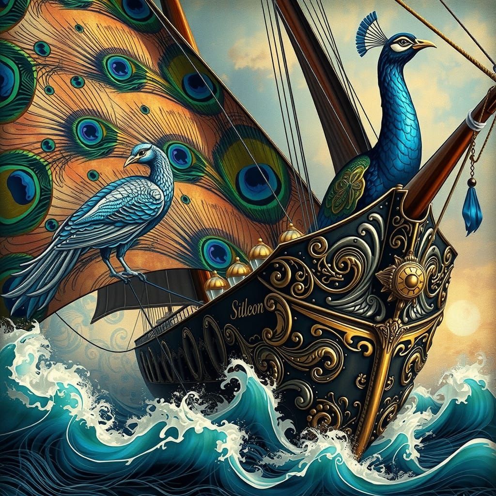 An peacock sailing ship with a metallic peacock shaped figure head prow ...