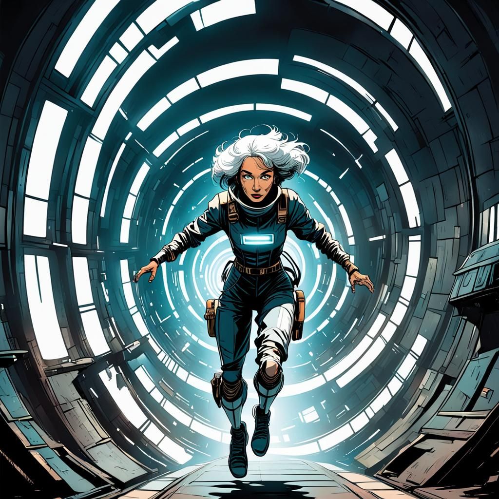 Time wartp , young compared to old, futuristic suit for jumping through time, a young girl meets ...