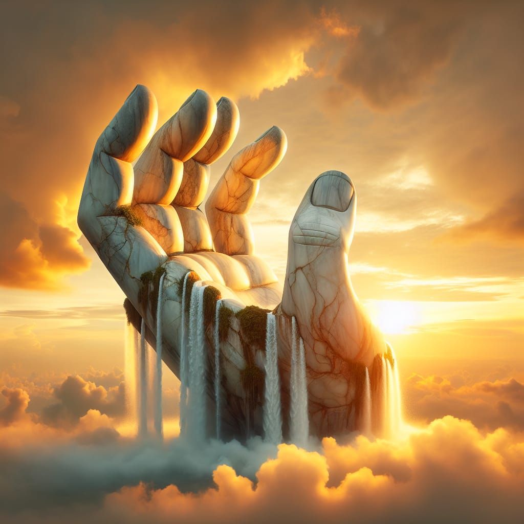 the hand - Golden Sunset Marble Sculpture: A Majestic Marble...