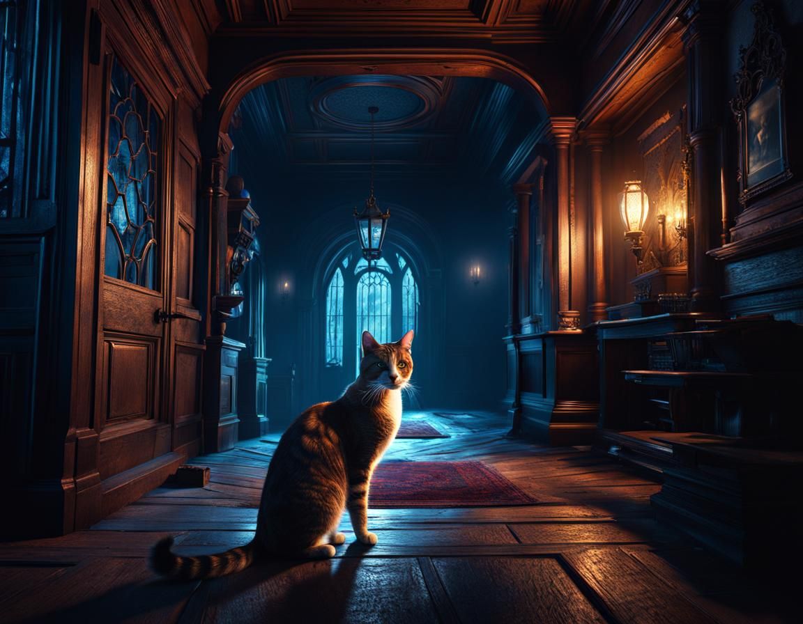 A Tabby Cat trapped inside a creepy eerie haunted house with ghost ...