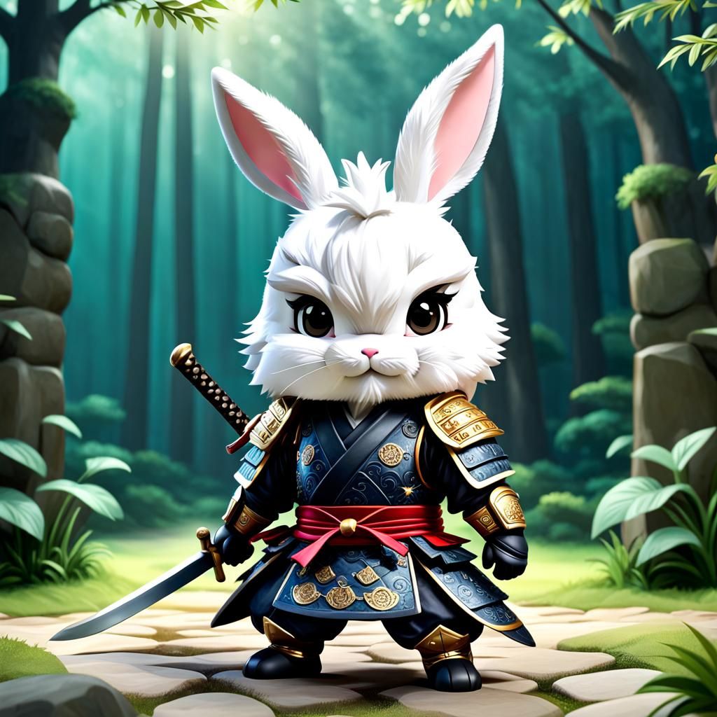(8k resolution furry chibi rabbit samurai with a massive, oversized ...