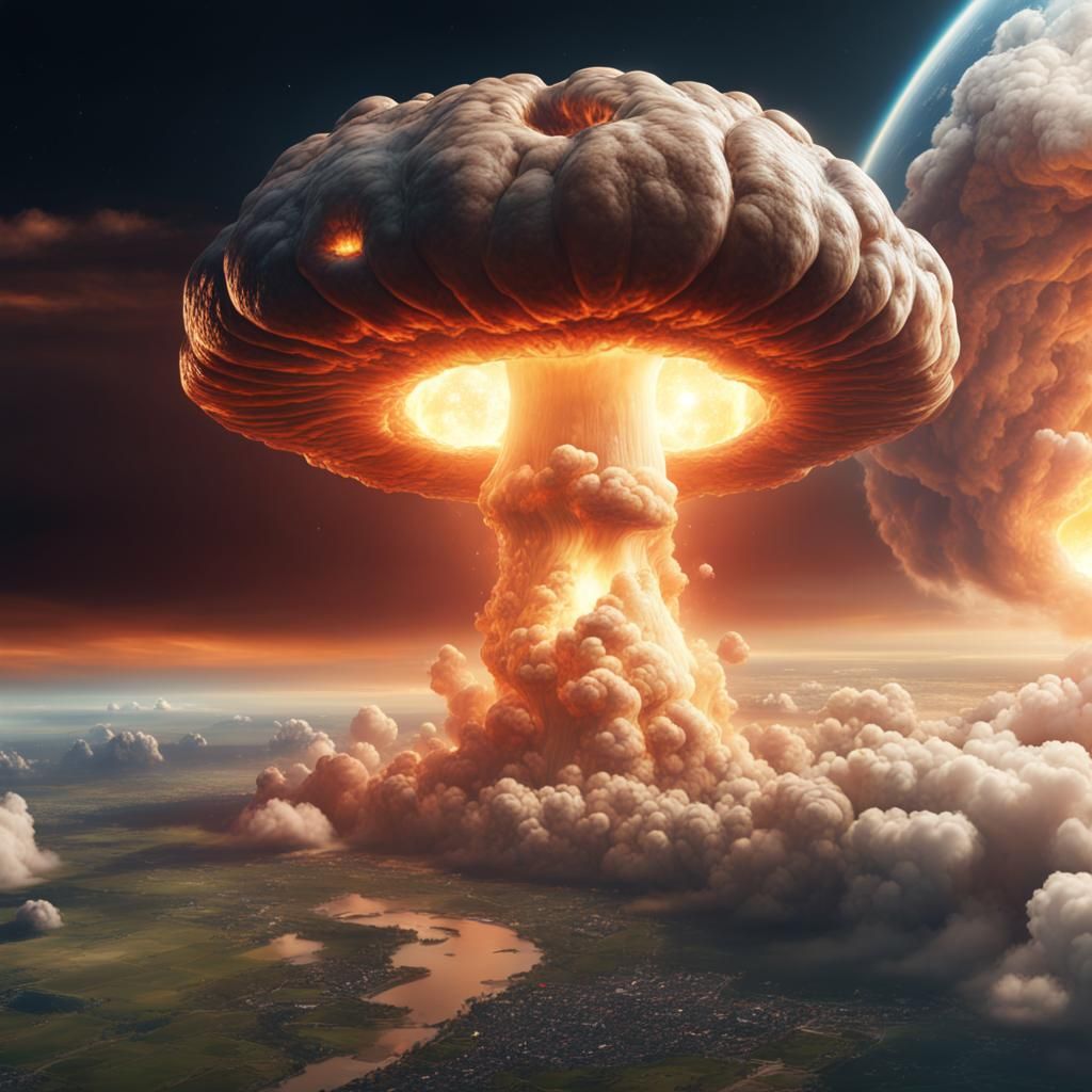 Huge nuclear bomb mushroom cloud above earth. Alien spaceships circle ...