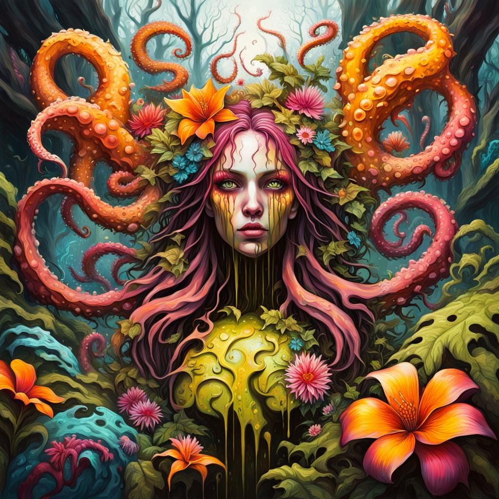 female angel, mutated tentacle forest, torns, meat eating plants ...