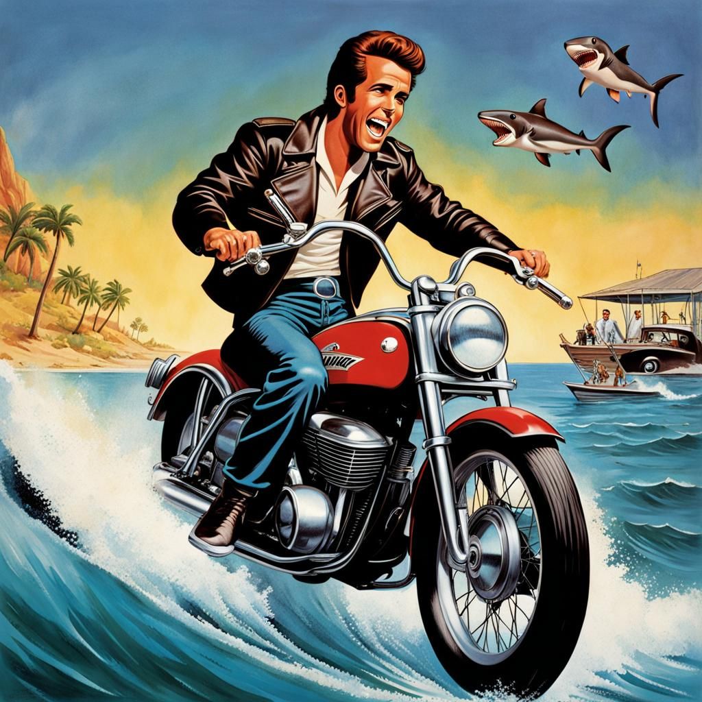 Sharks jumping the Fonz - AI Generated Artwork - NightCafe Creator