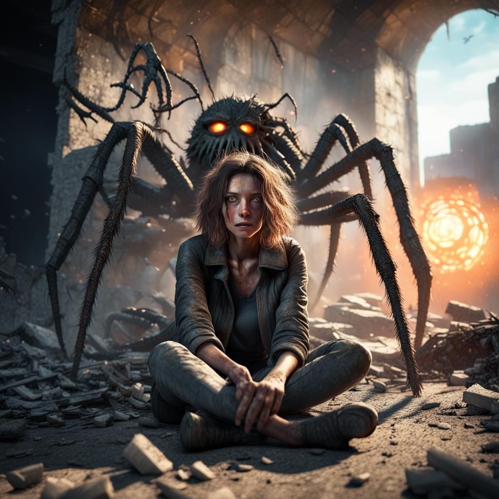 a scared female post-apocalyptic survivor, seen from the front, curls ...