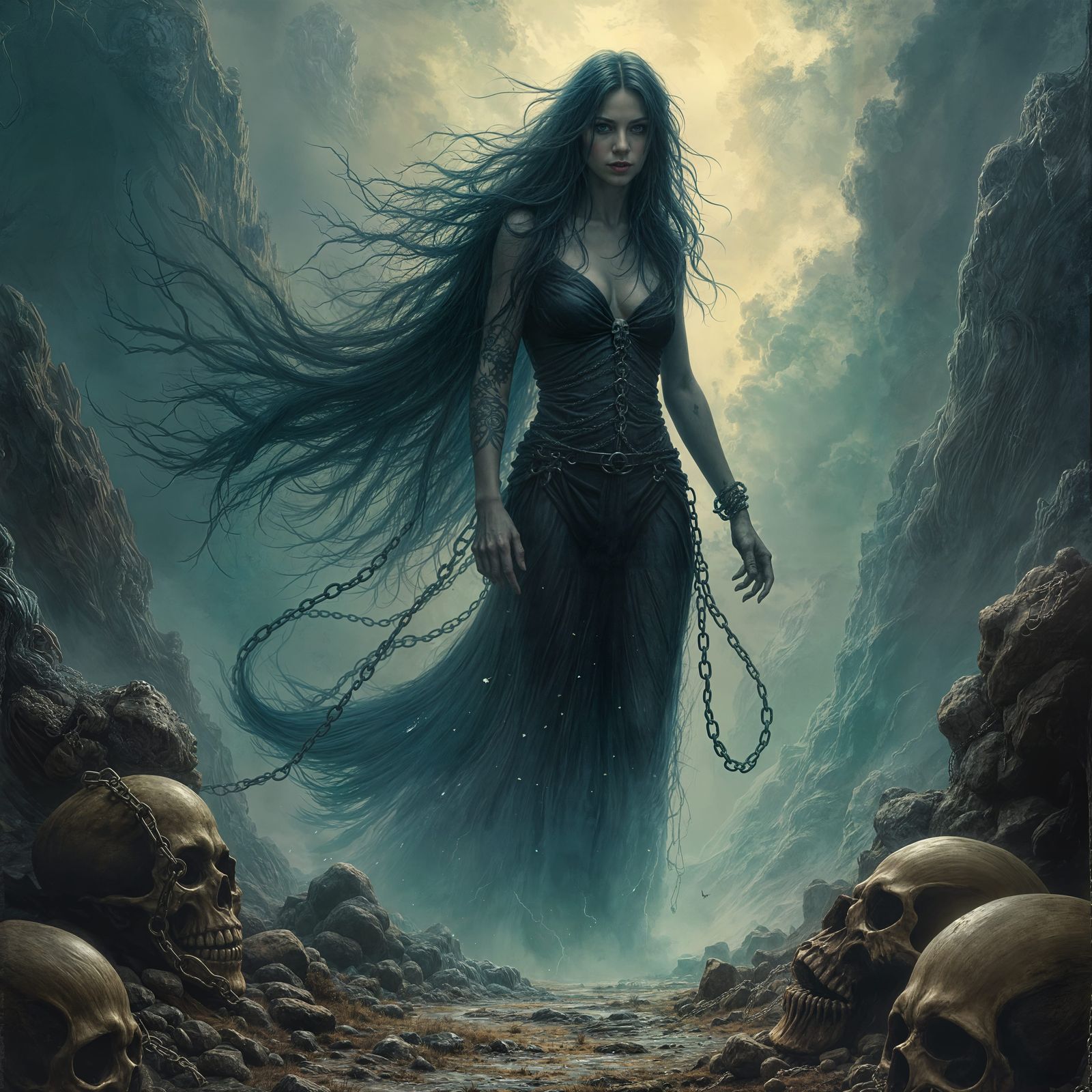 Surreal Banshee in a Stormy Landscape with Chains and Skulls