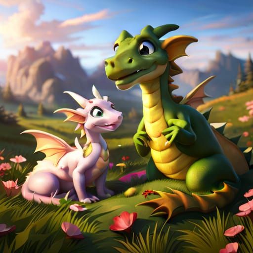 Cottagecore Adorable Dragon Cuddling and Touching in a Cozy Meadow ...