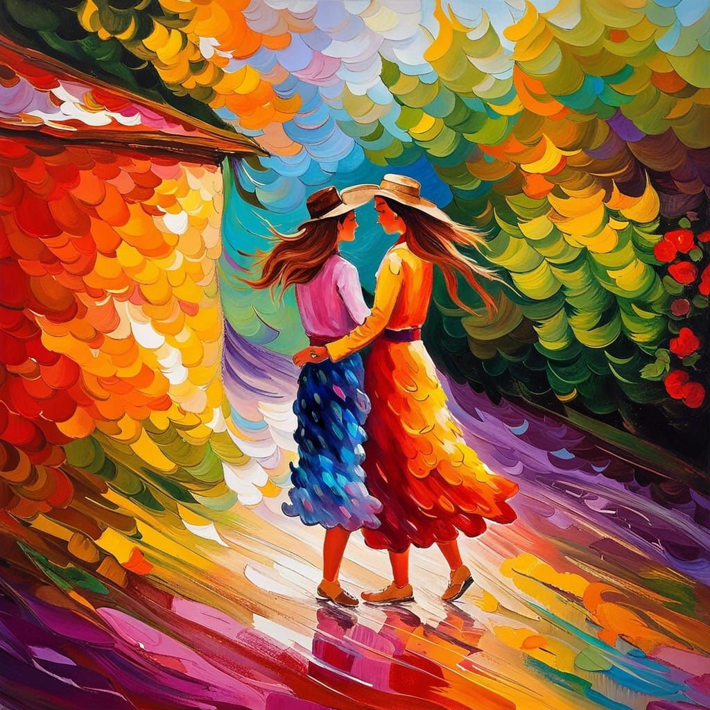 Sisters Walking Hand in Hand - Impressionism - AI Generated Artwork ...