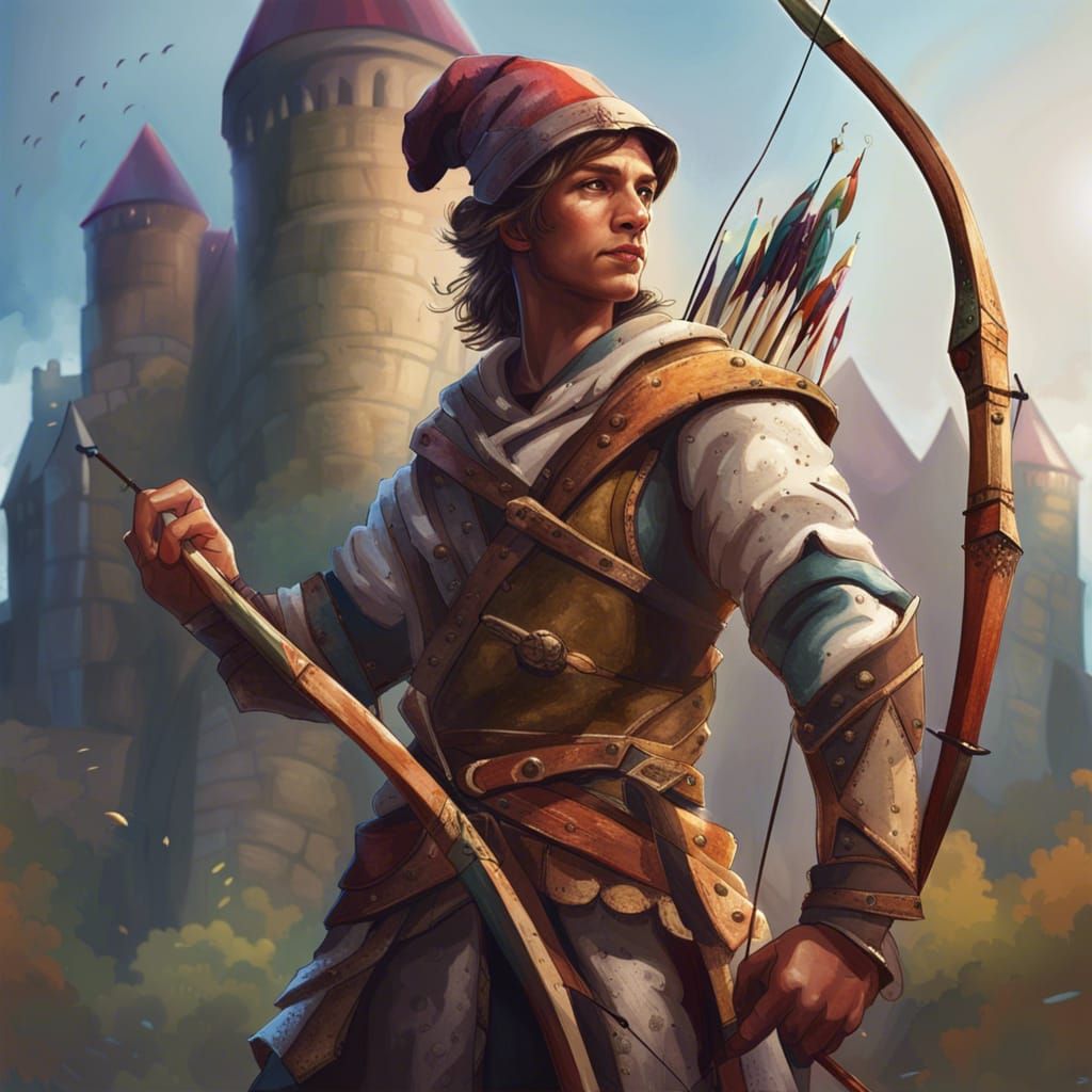 a human archer wearing cloth and hat, wielding a long bow, carrying ...