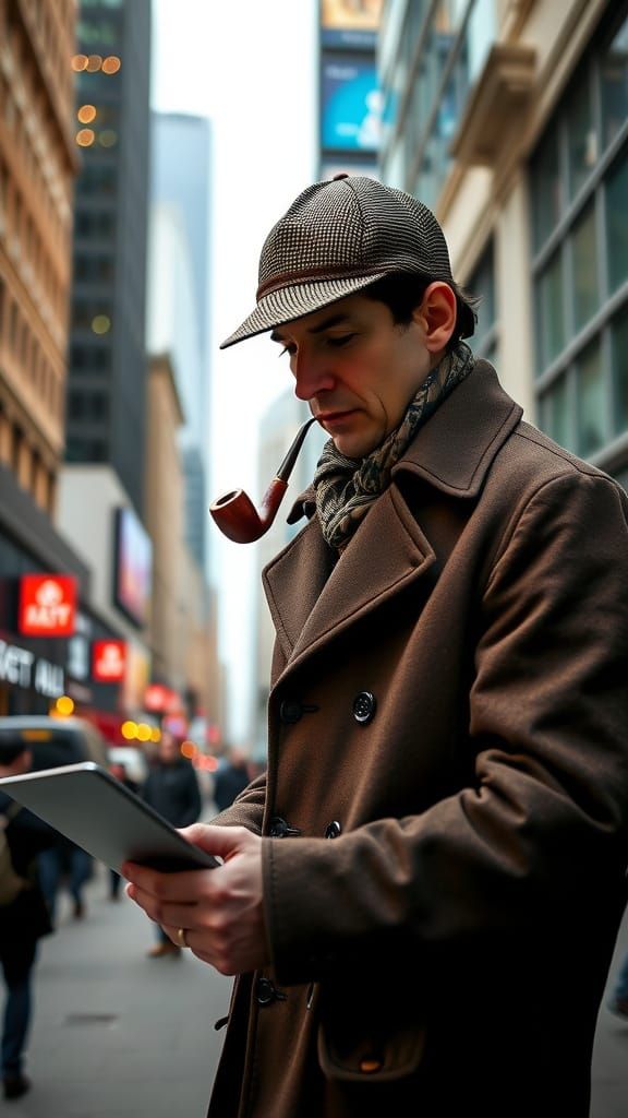 Sherlock Holmes in his traditional attire investigates a criminal case ...