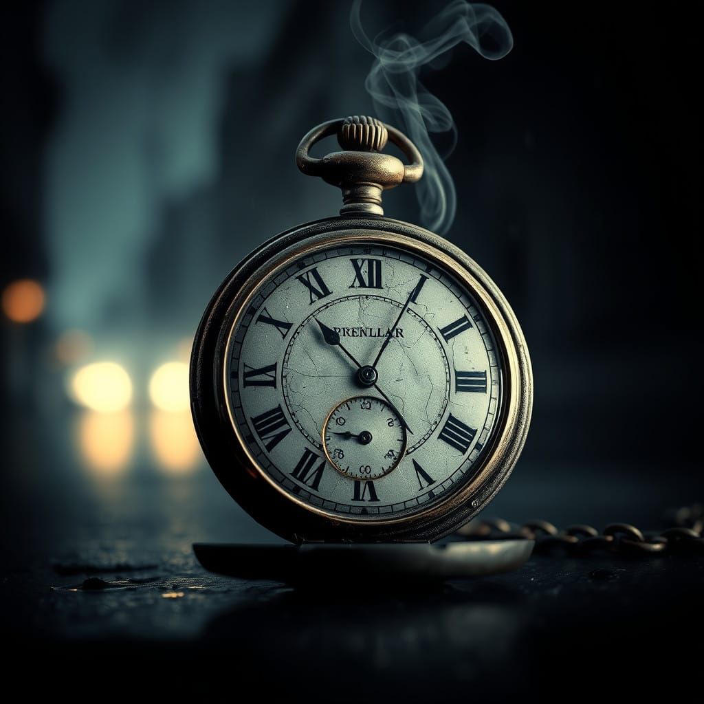 A [cracked pocket watch frozen in time, with steam curling from its gears]