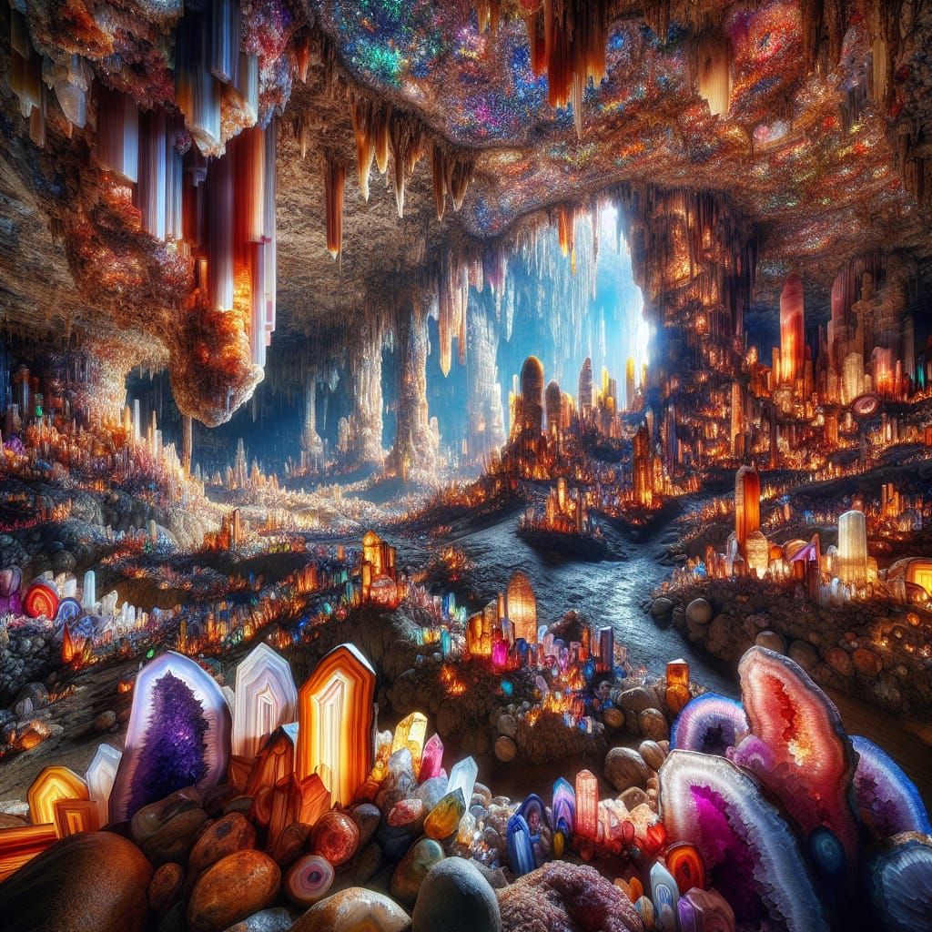 A giant cavern with geodes and large fabulous multi-colored crystals ...