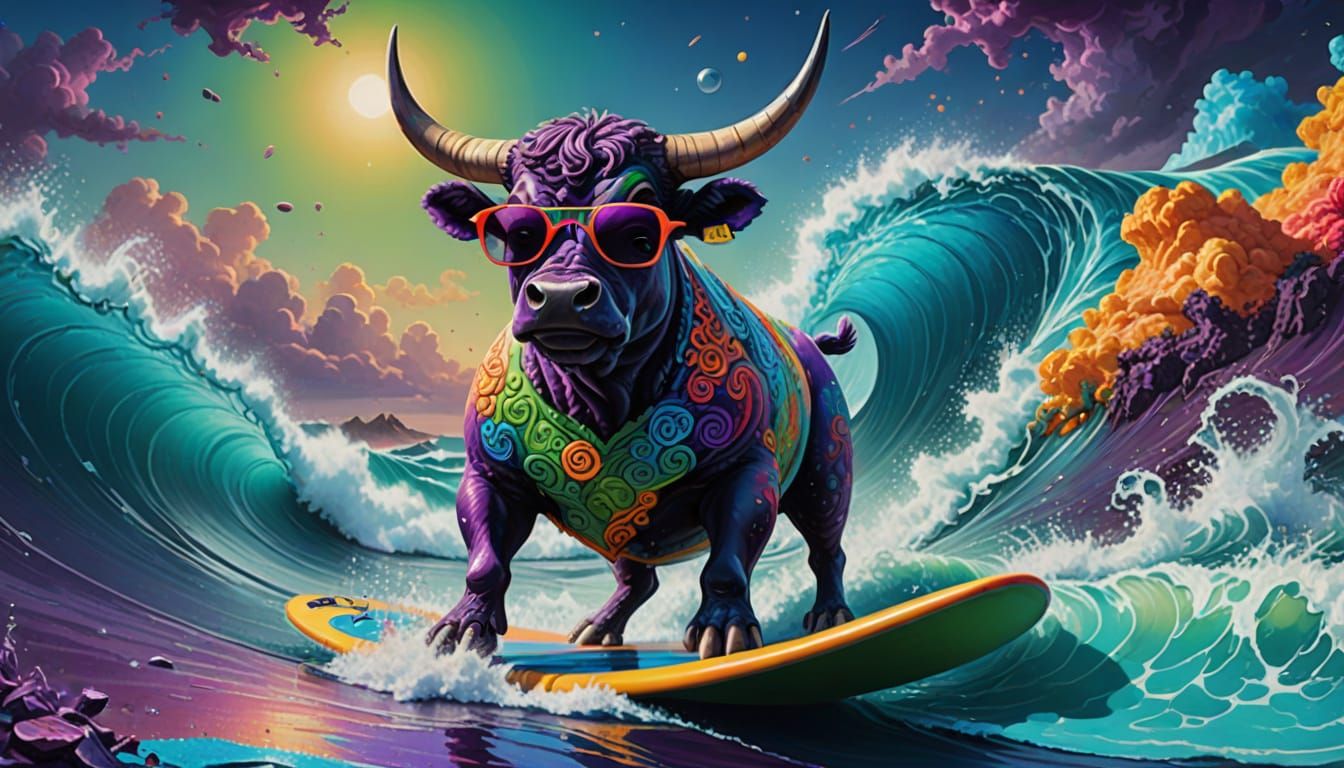 Hyper Realistic CGI Spotted Bull in Vibrant Surfin... - AI Art