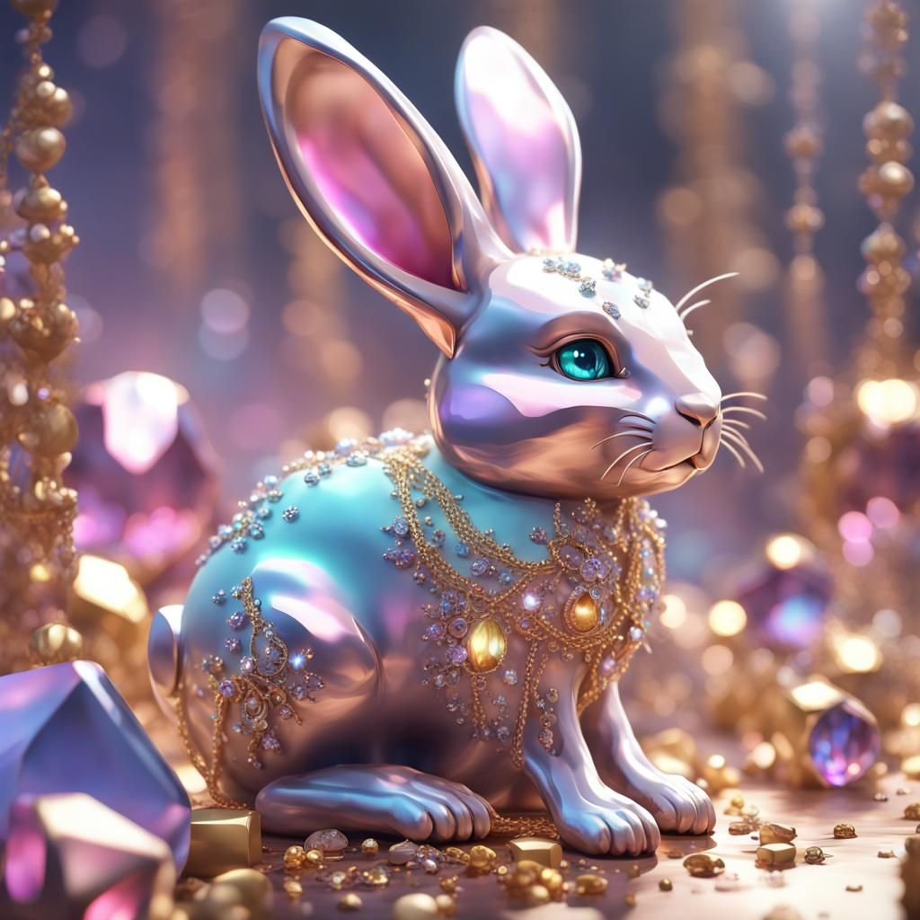Crystal Bunny with Gold and Diamonds in Pastel - AI Art