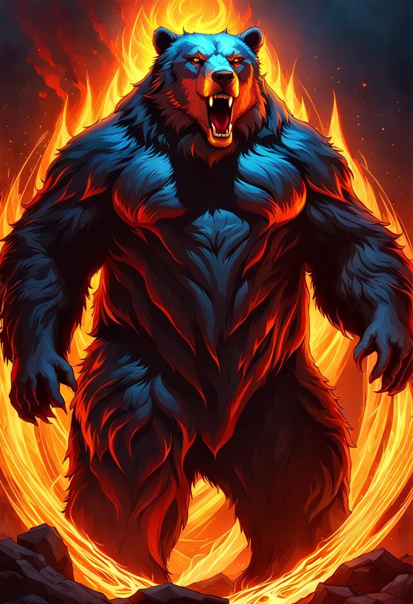 a glowing outline of a standing on-fire giant Dire obese Bear, thats ...