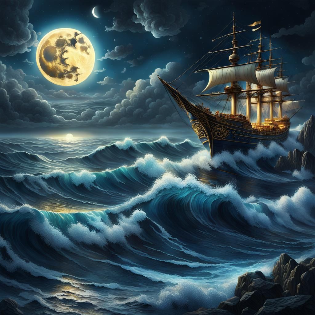 Epic Fantasy Ocean Landscape under Full Moonlight - AI Art