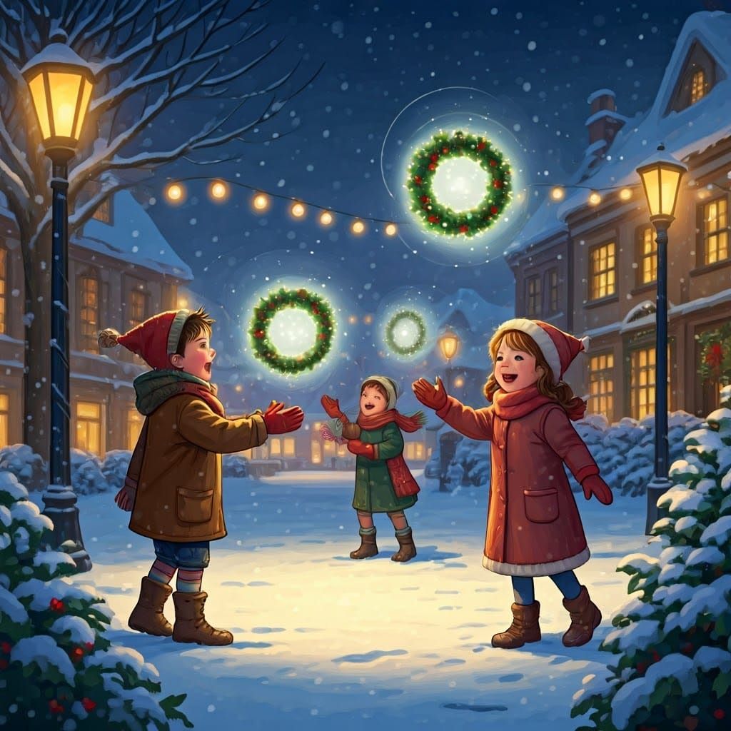 A group of happy youngsters playing frisbee with magical wreaths on ...