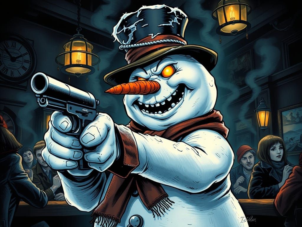 Menacing Frosty the Snowman Robs a Gritty Bar - AI Art
