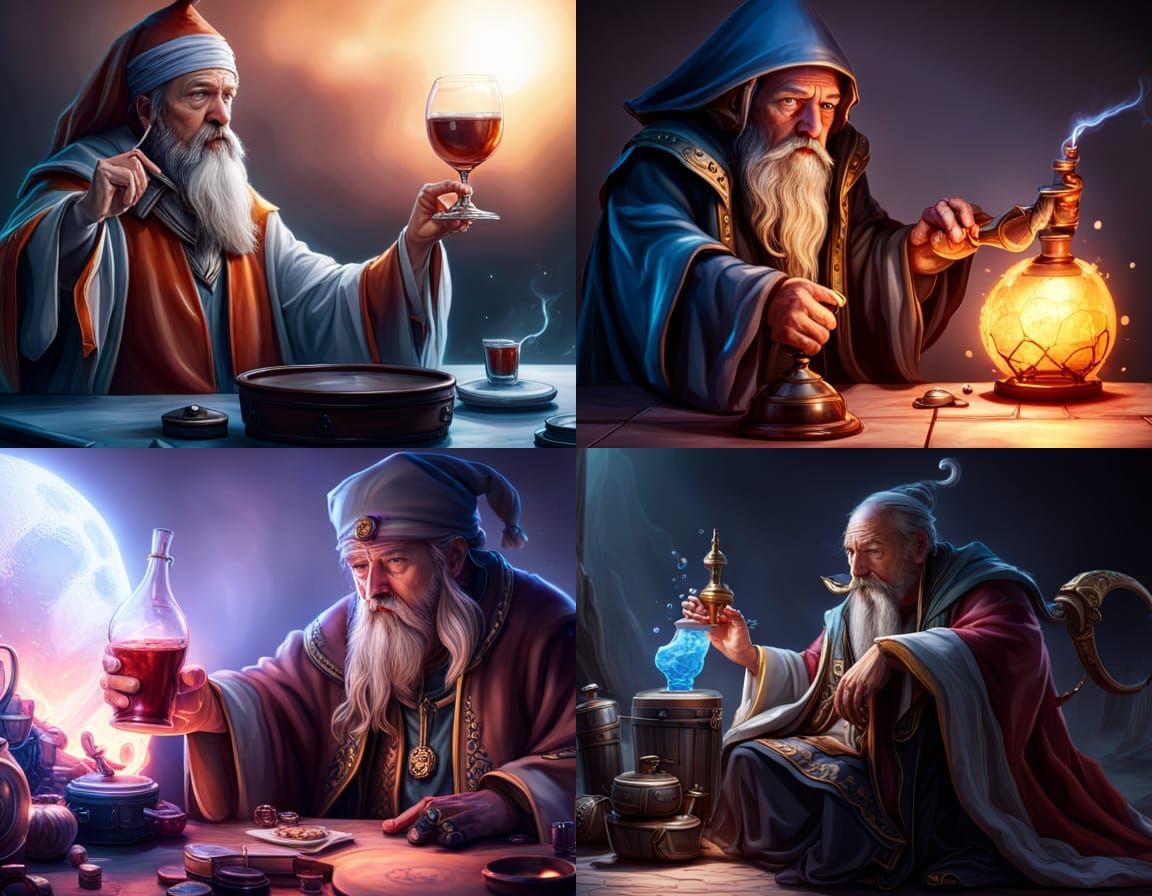 ultra-realistic photorealistic Sci fi fantasy Wizard Drinking bubbling ...