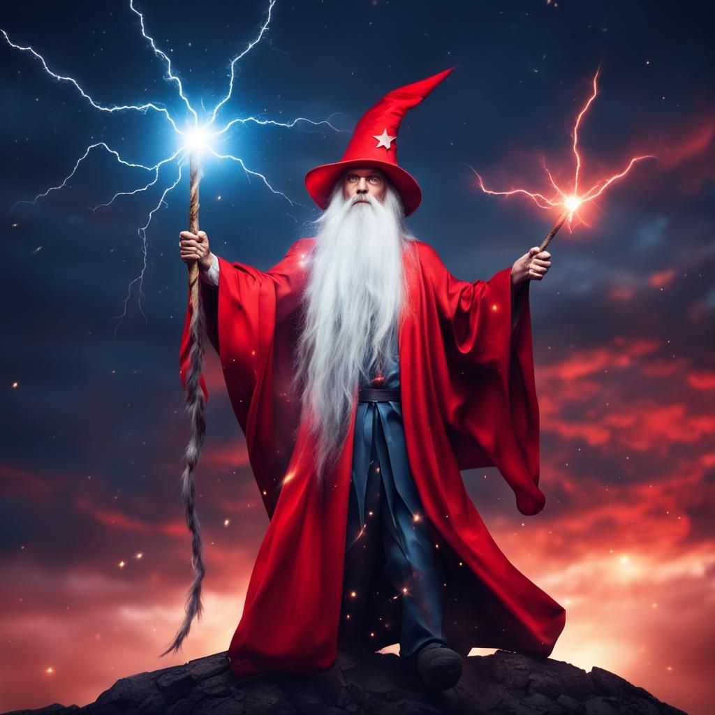 powerful wizard with a big magic wand generating thunder in the evening ...