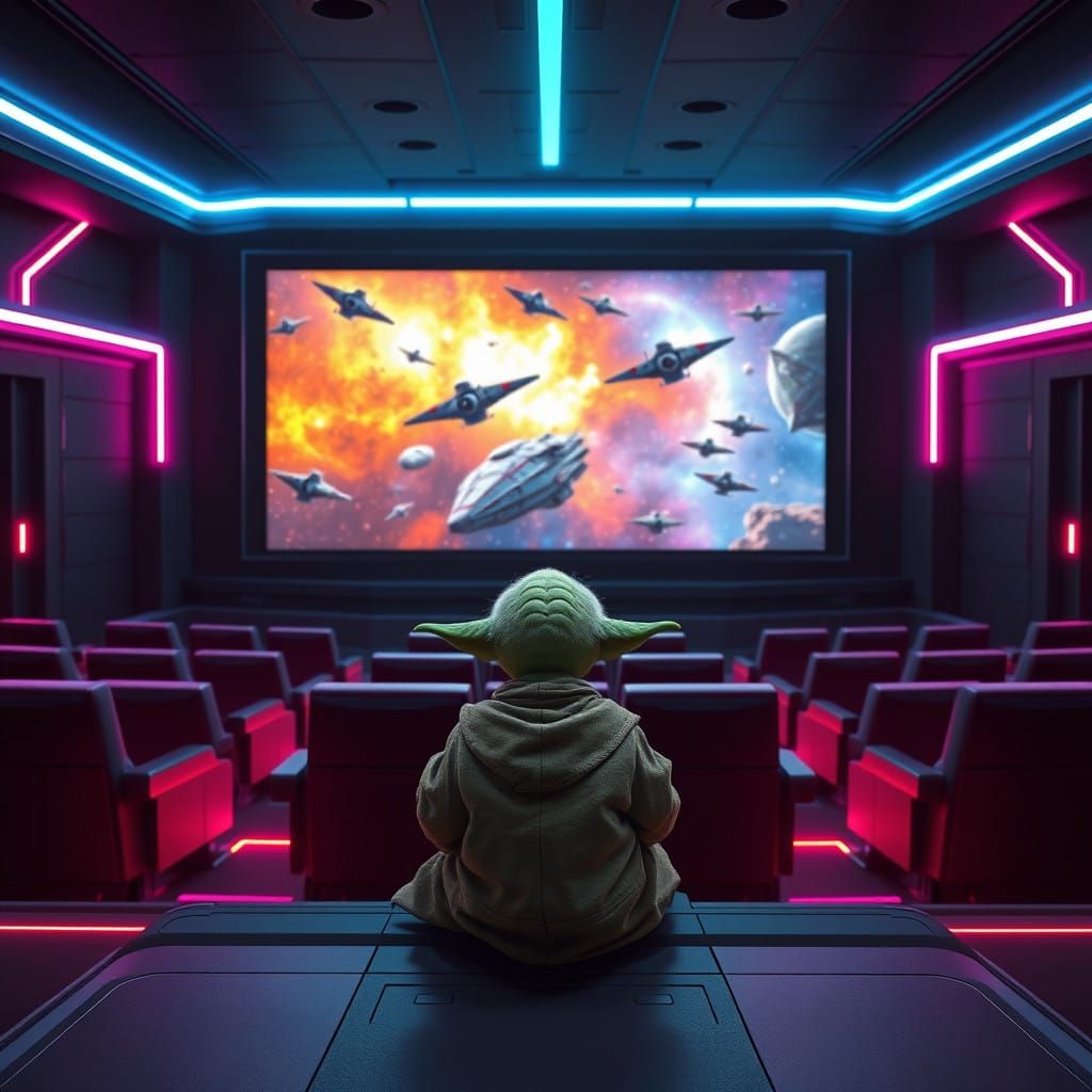 A view from behind Yoda sitting in a futuristic theater, watching an ...