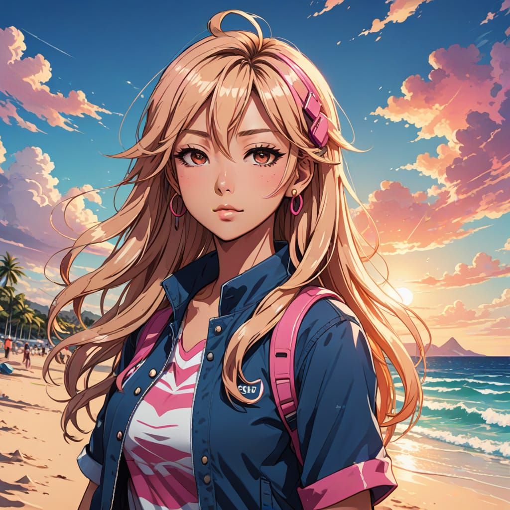 Vibrant Gyaru Girl at the Beach in Anime-Inspired ... - AI Art