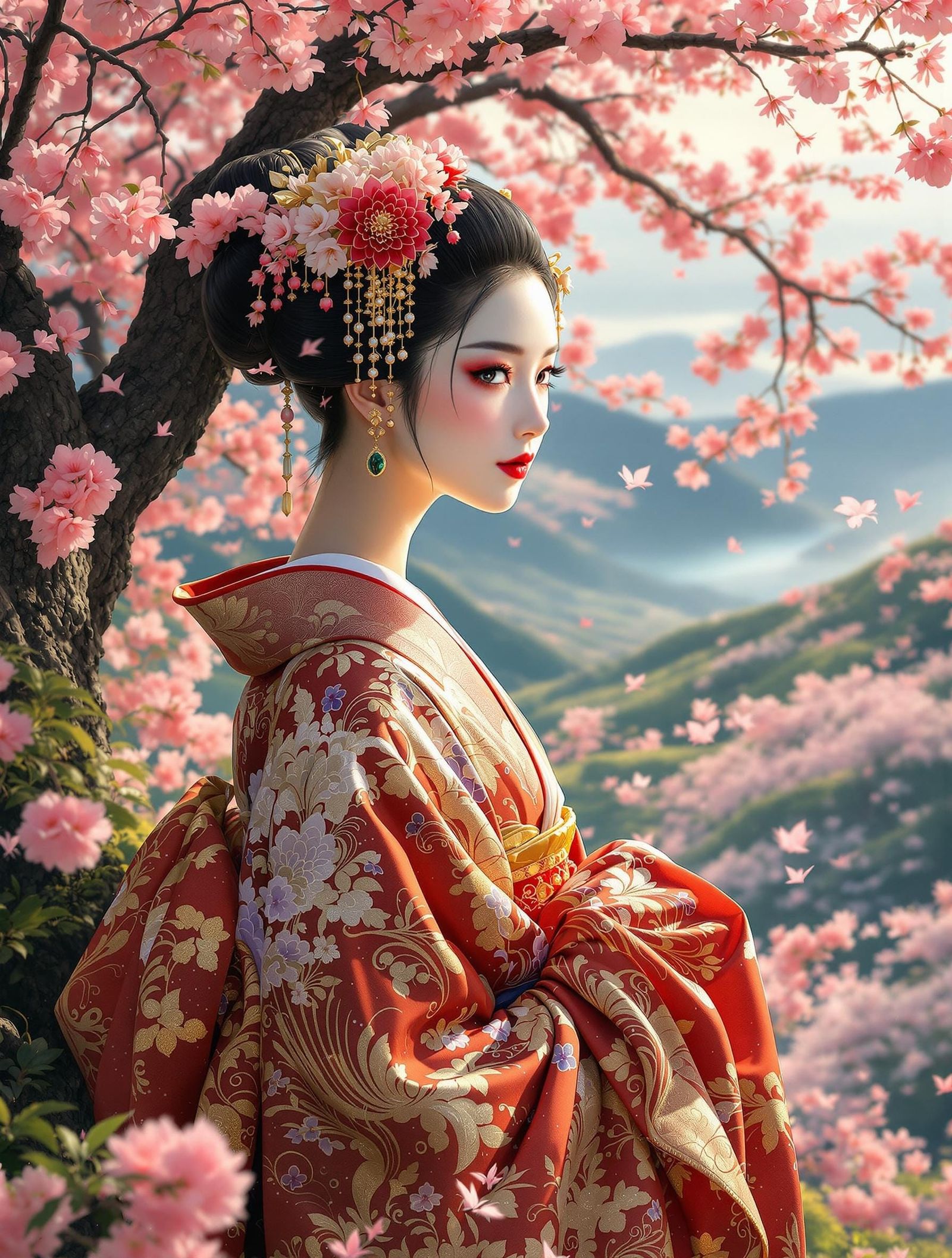 Photorealistic picture of a gorgeous geisha. A geisha, her face a ...