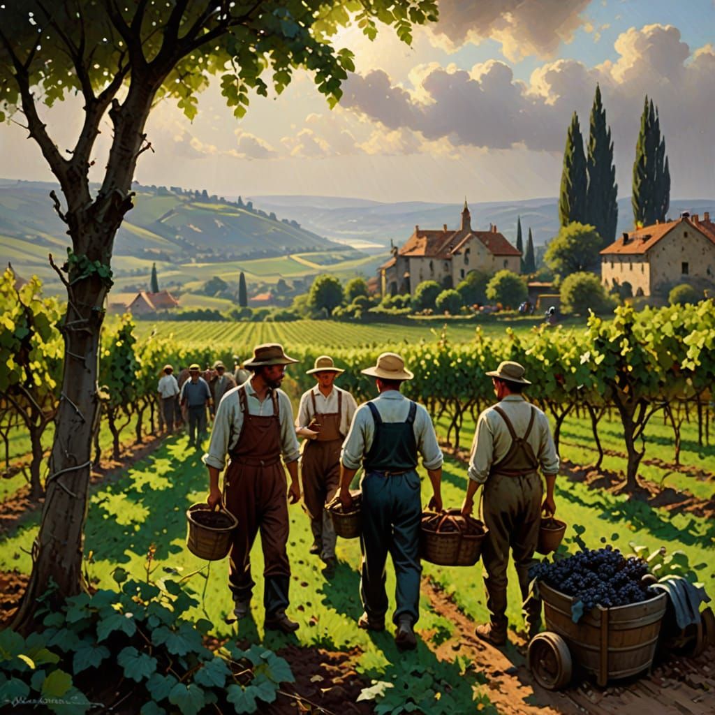 , workers in a vineyard. - Workers in a Vineyard Scene in a...