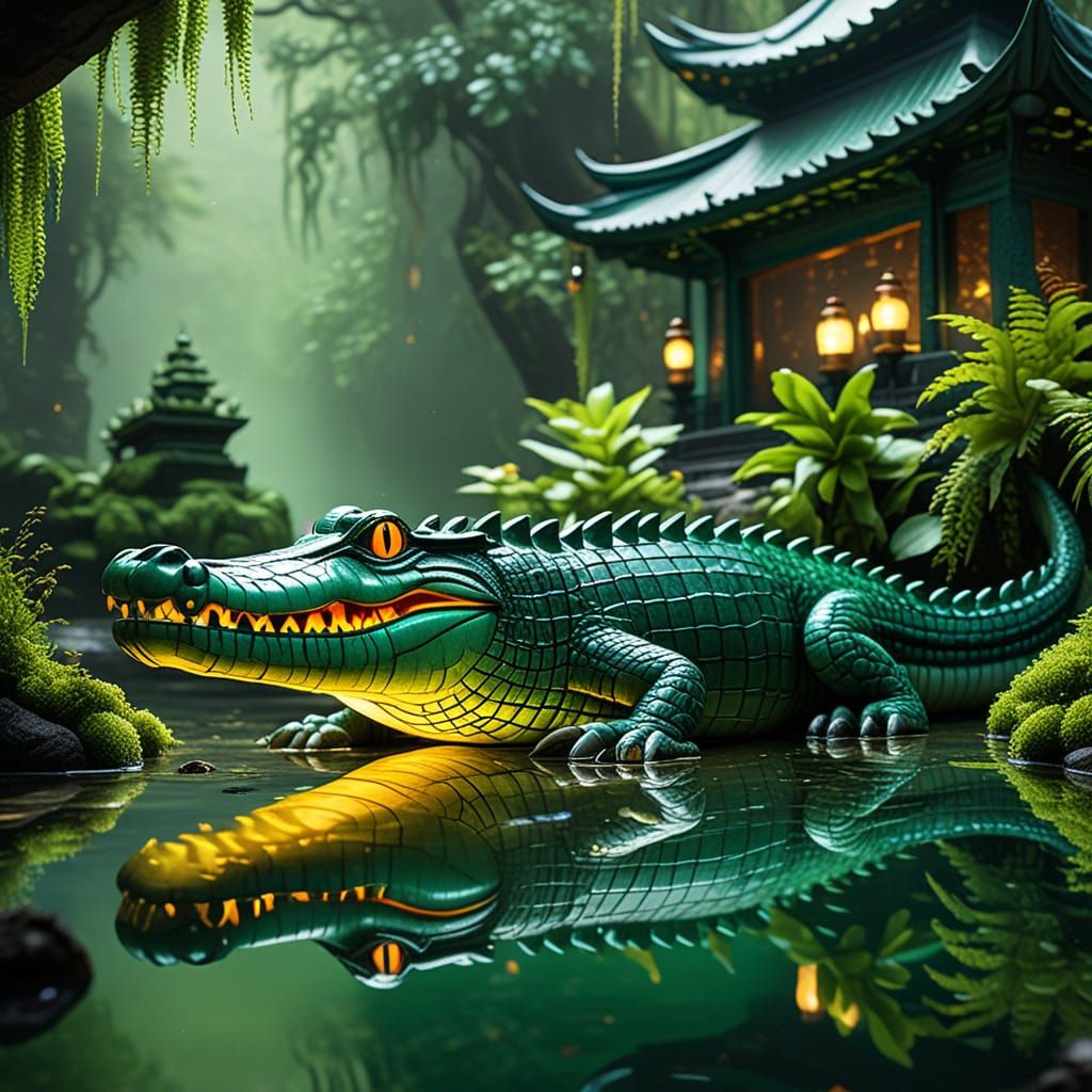 A serene yet powerful crocodile, its entire body carved from luminous jade, rests motionless on ...