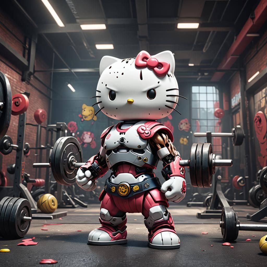 angry strong hello kitty with muscles in a gym - AI Generated Artwork ...